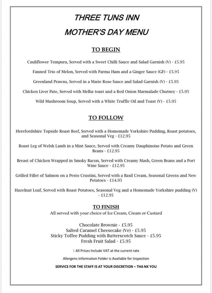 Menu at The Three Tuns Inn pub & bar, Bishop's Castle