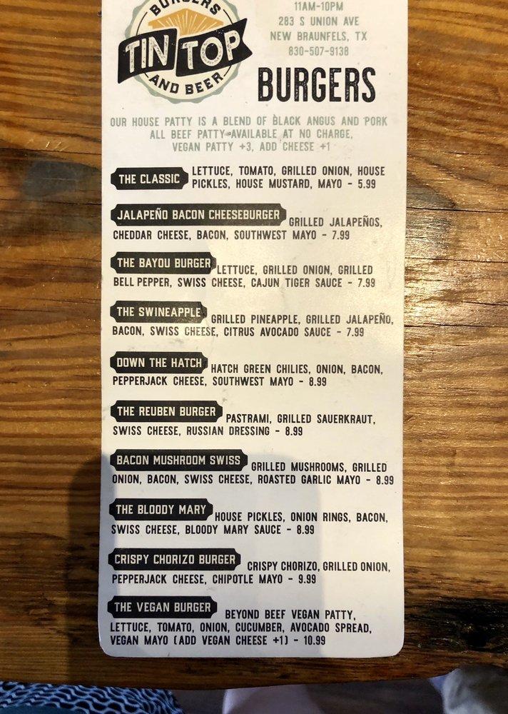 Menu at Tin Top Burgers & Beer pub & bar, New Braunfels