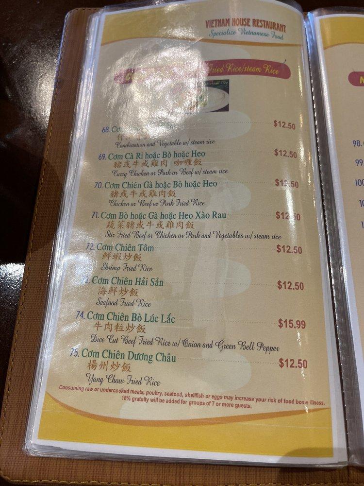 Menu at Vietnam House restaurant, Tukwila