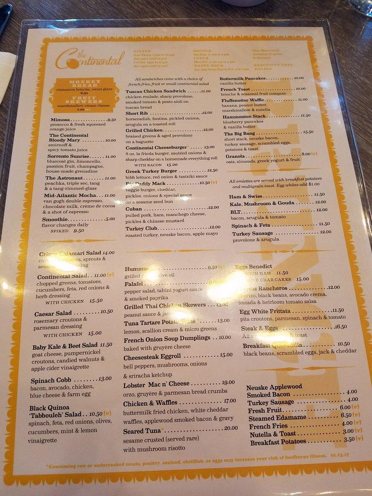 Menu at Continental pub & bar, Atlantic City