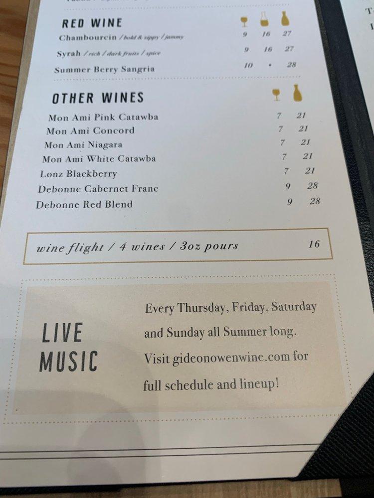 Menu at Gideon Owen Wine Company pub & bar, Lakeside Marblehead