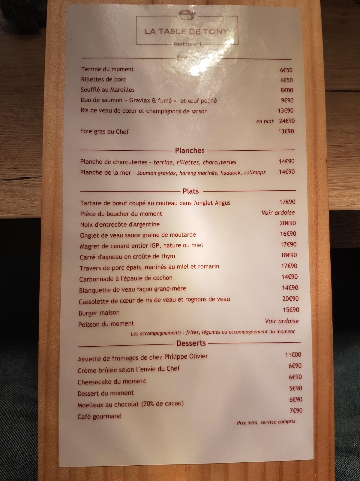 Menu at La Table de Tony restaurant, Lille