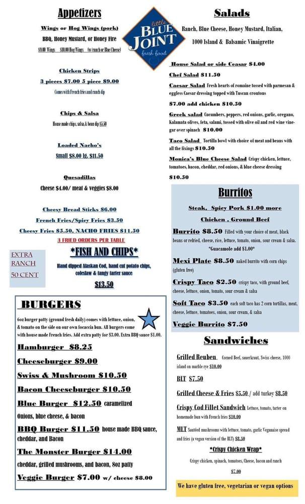 Menu at Little Blue Joint restaurant, Darby