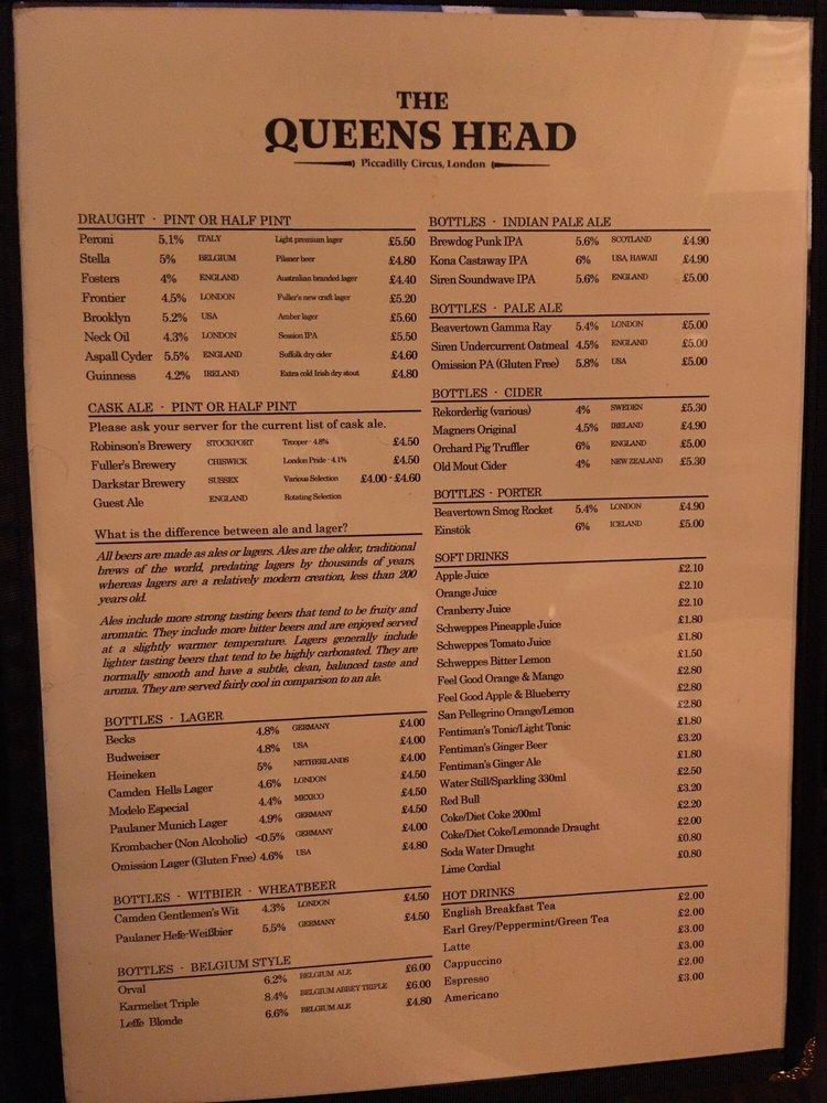 Menu at The Queens Head pub & bar, London, 15 Denman St