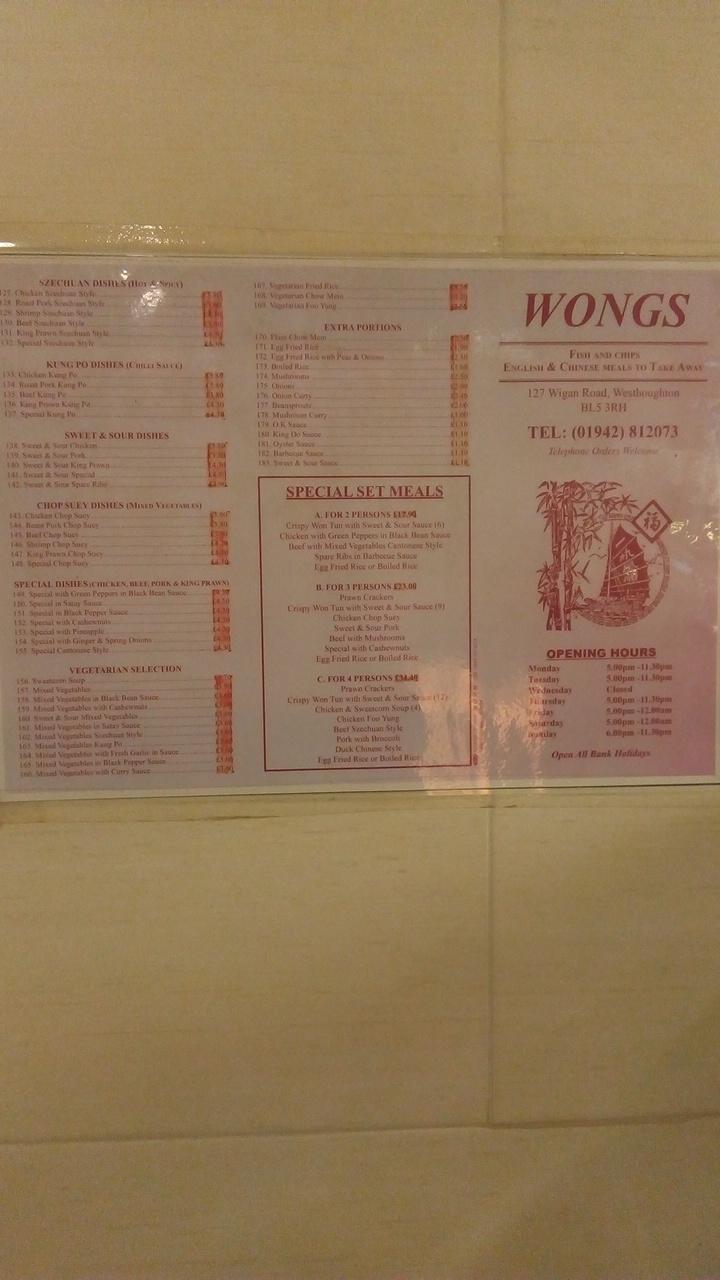 Menu at Wong's Takeaway restaurant, Bolton