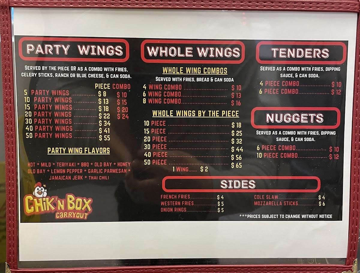 Menu at Chik'n Box Carryout fast food, Pikesville