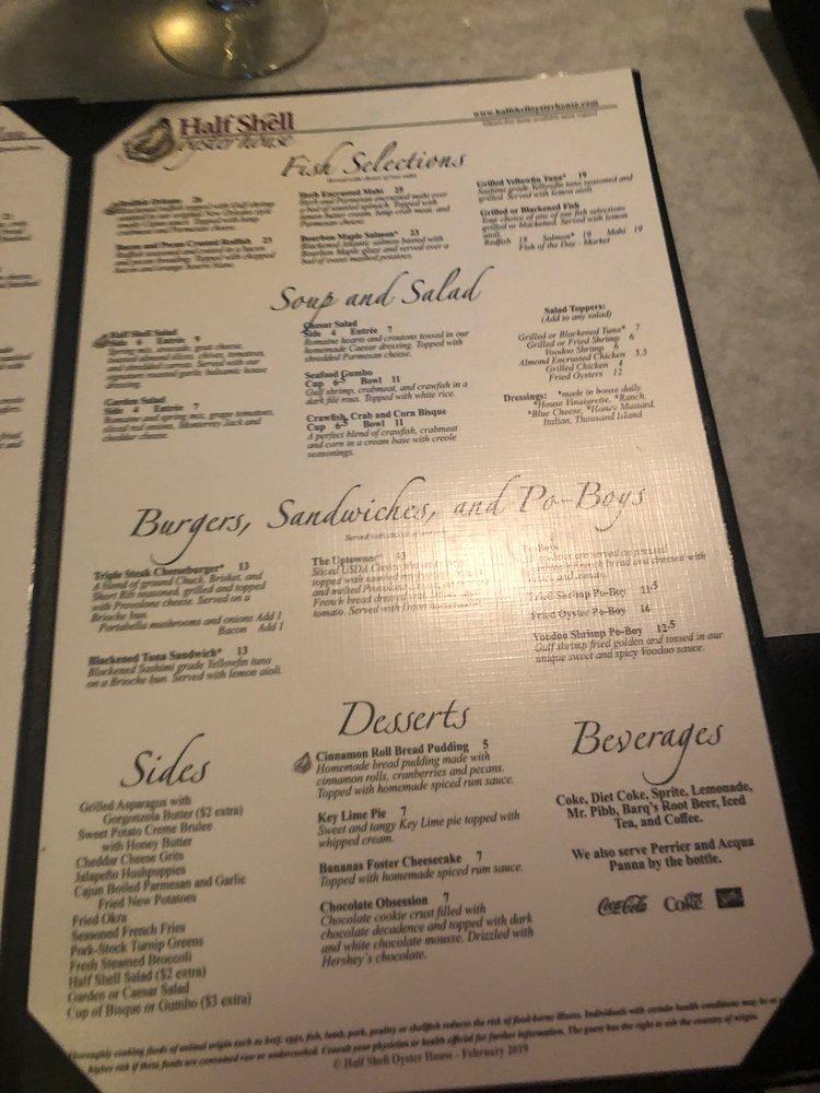 Menu at Half Shell Oyster House restaurant, Tuscaloosa