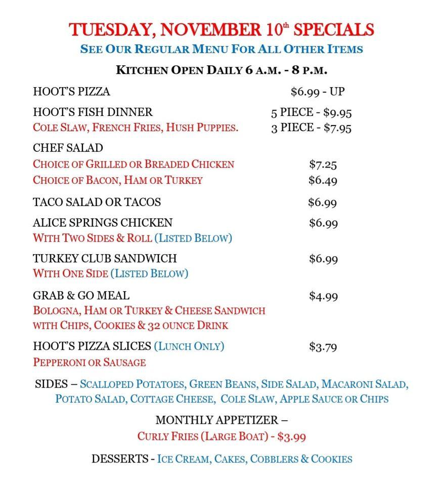 Menu at Honey's Quick Stop restaurant, Ullin