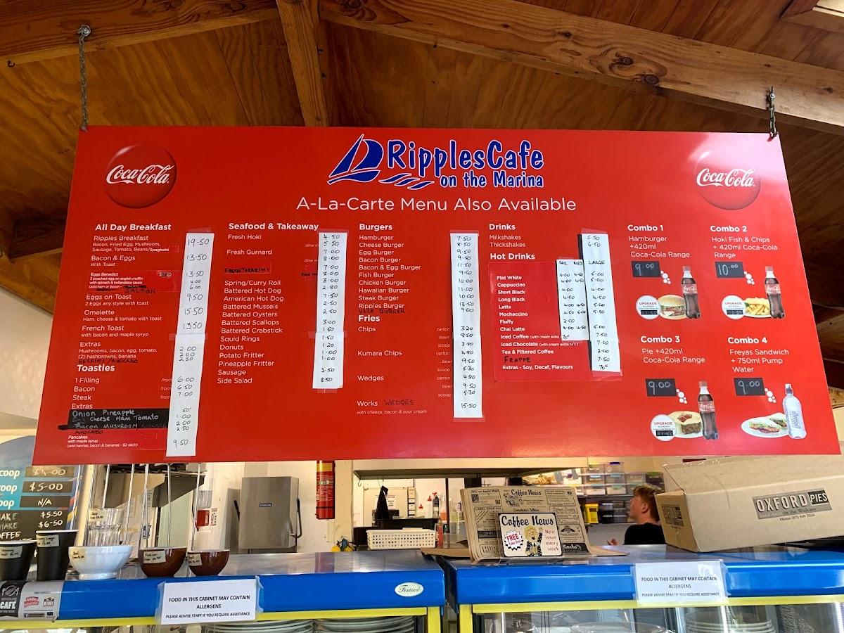 Menu at Ripples Cafe on the Marina, Auckland