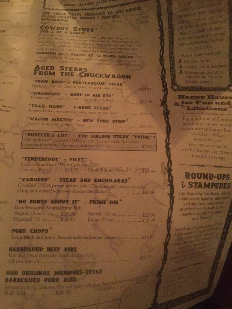 Menu at Rustler’s Rooste steakhouse, Phoenix