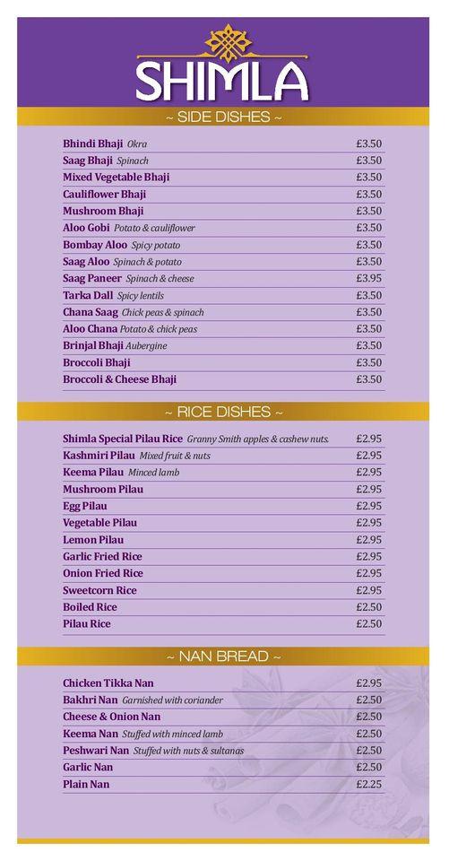 Menu at Shimla Indian Cuisine restaurant, Holmfirth