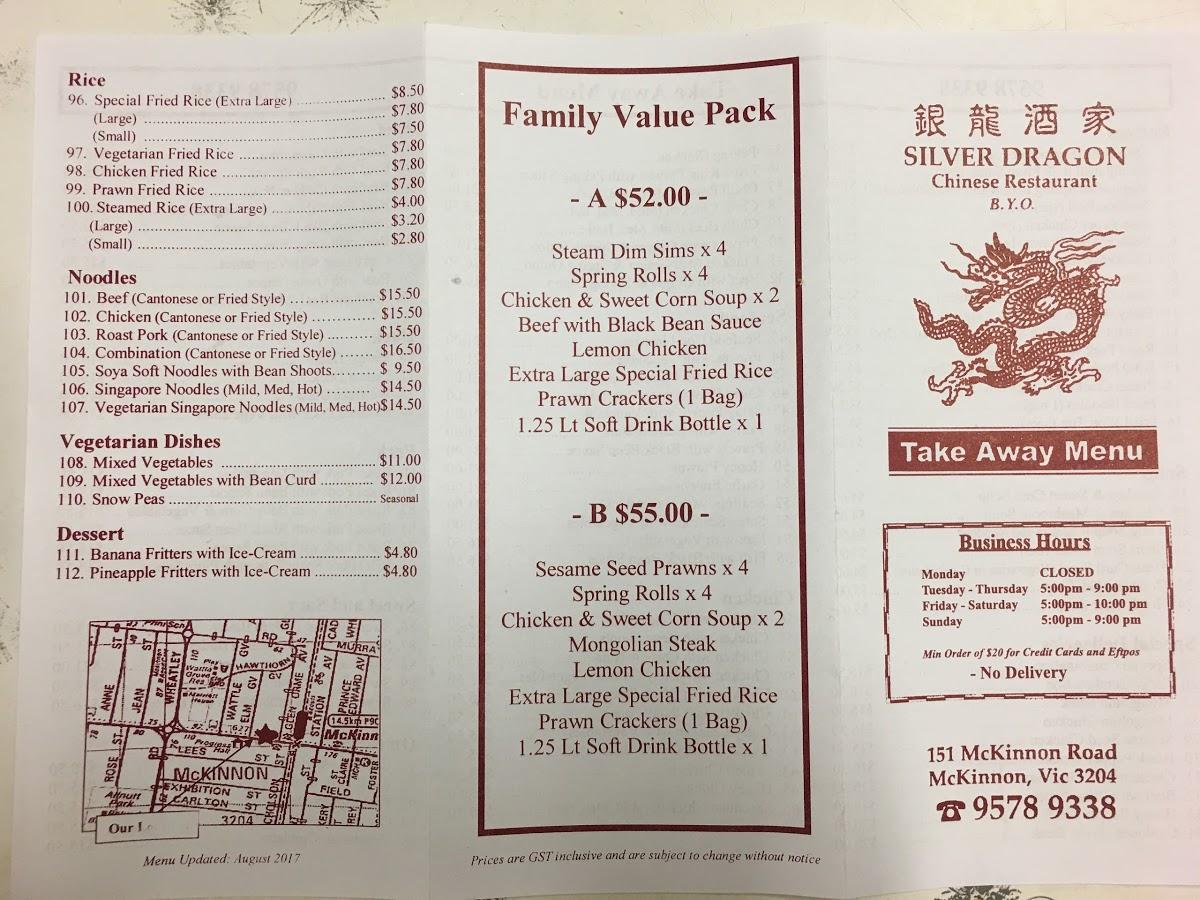 Menu at Silver Dragon restaurant, McKinnon