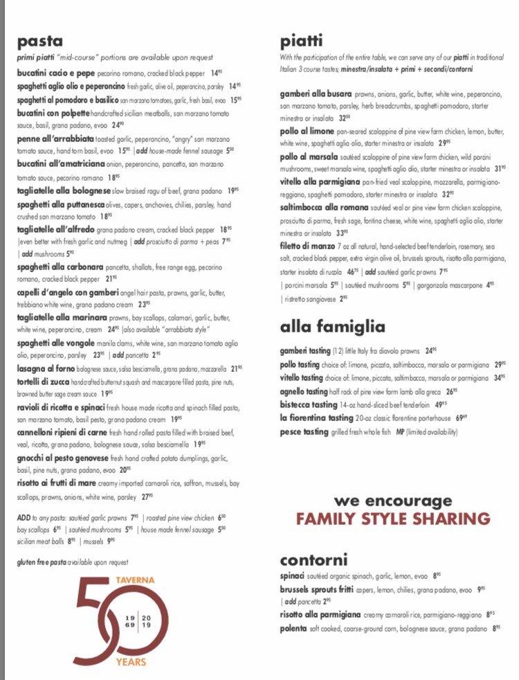 Carta de Taverna Italian Kitchen + Bar, Saskatoon
