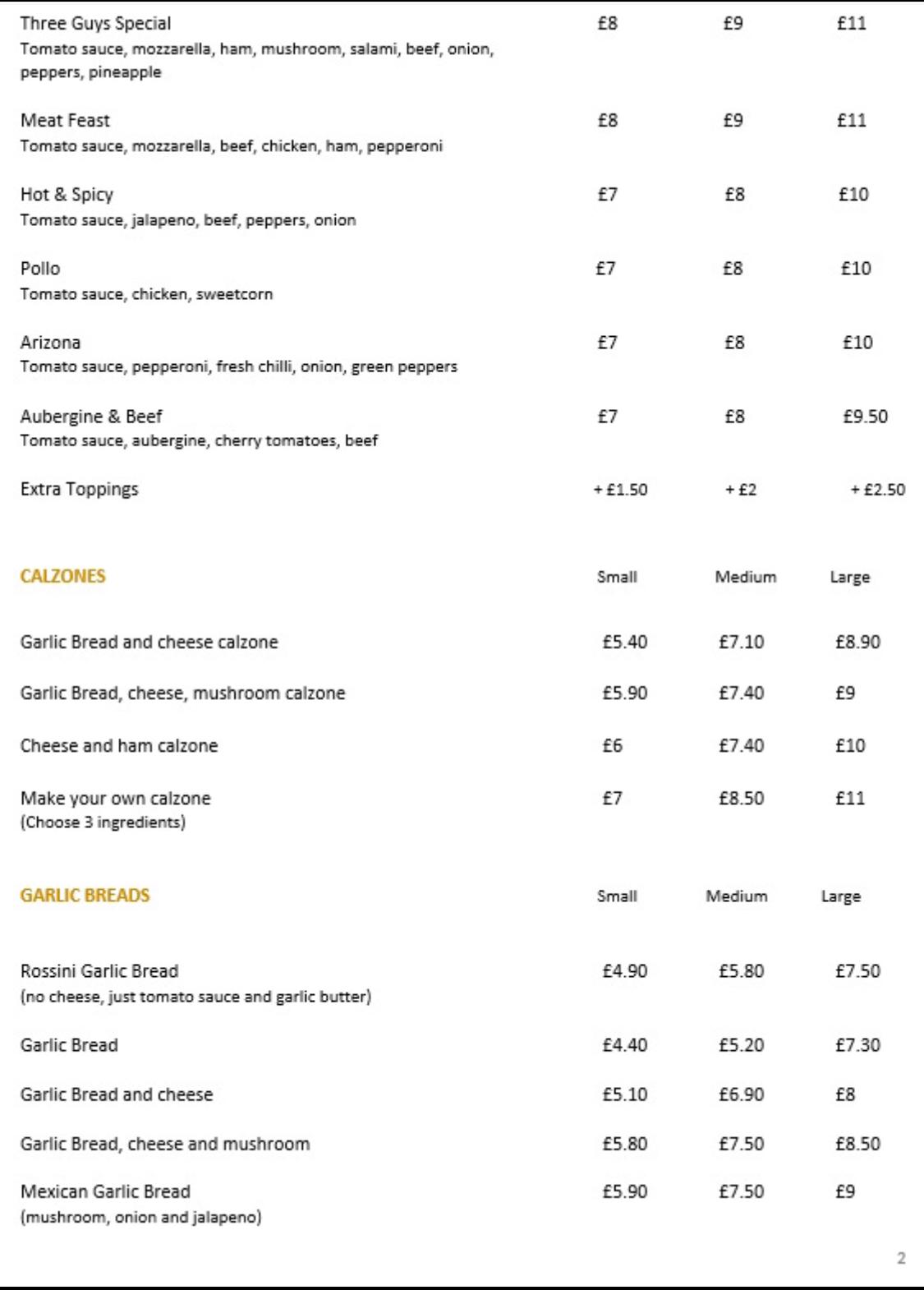 Menu at ThreeGuys Pizza Bar, Wigan