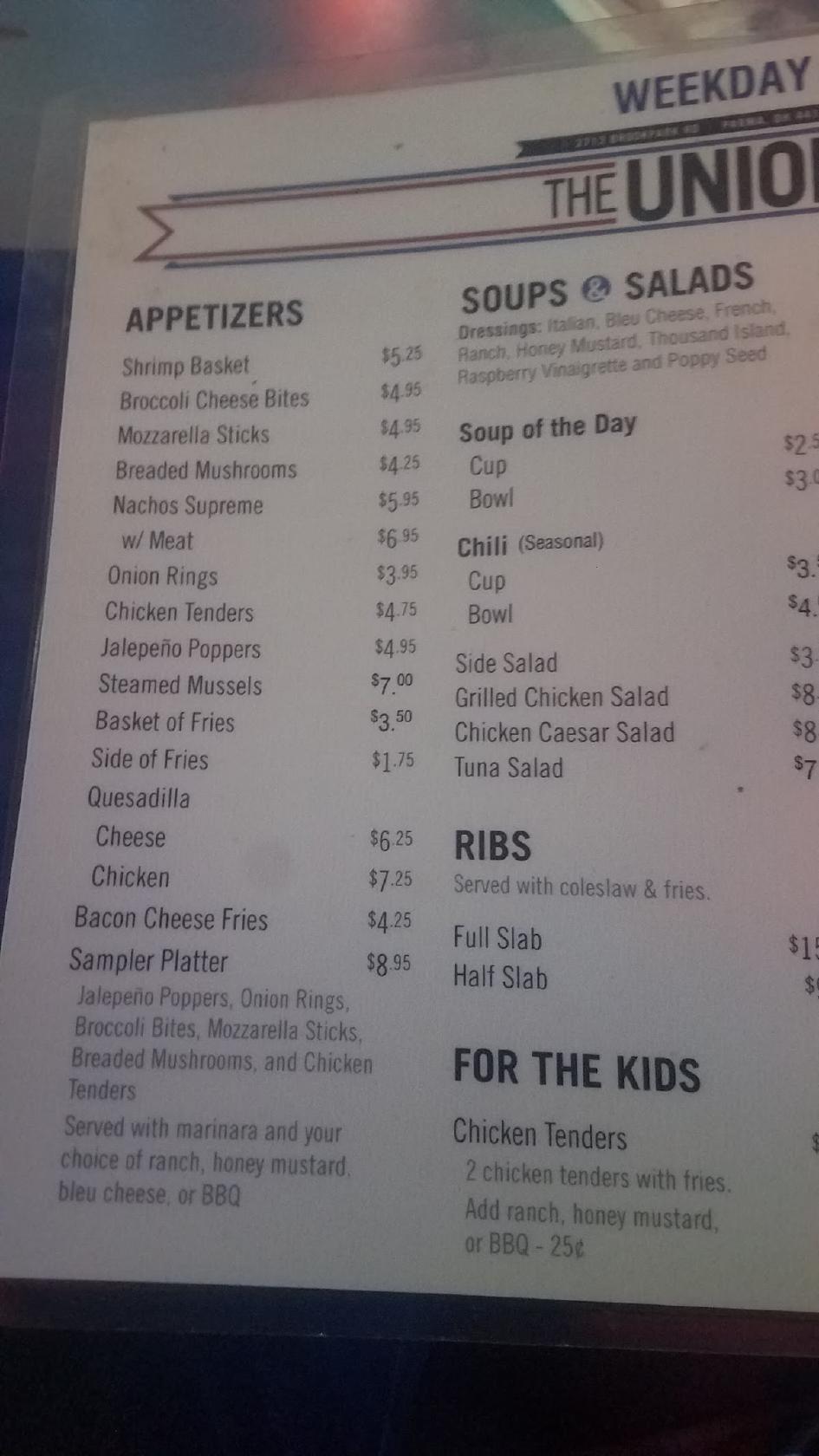 Menu at Union House Bar & Restaurant, Cleveland
