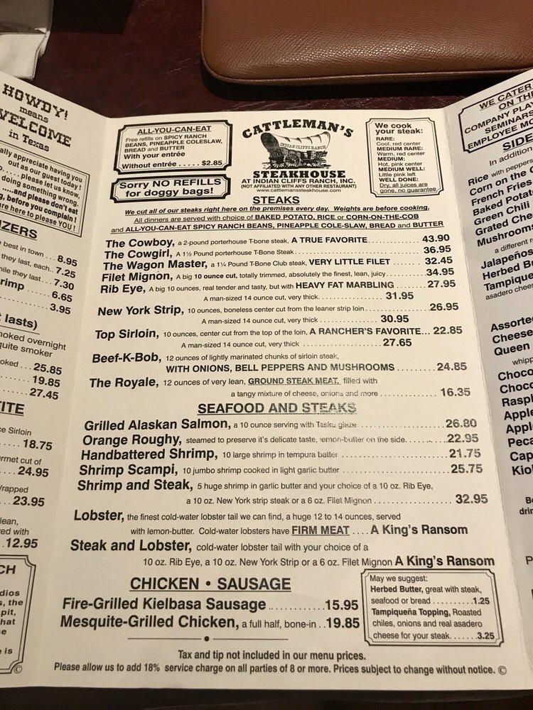 Menu at Cattleman's Steakhouse at Indian Cliffs Ranch, USA, S Fabens ...