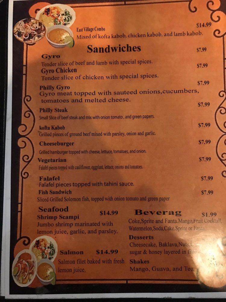 Carta del restaurante East Village Grill, Minneapolis