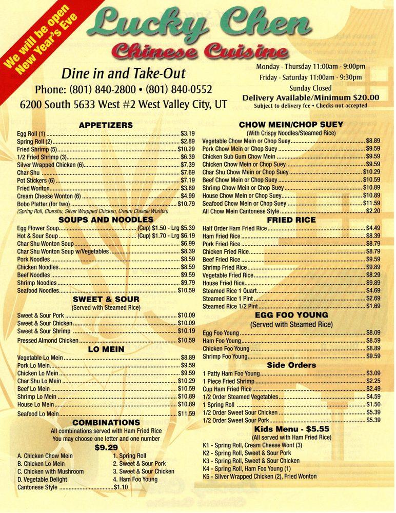 Menu at Lucky Chen restaurant, Salt Lake City