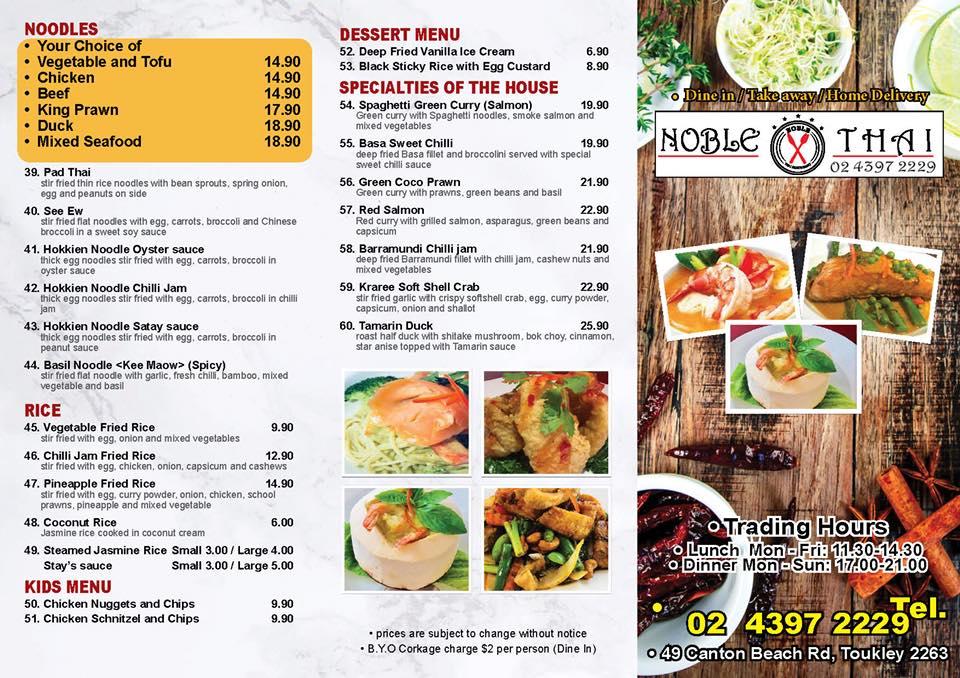 Menu at Noble Thai restaurant, Toukley