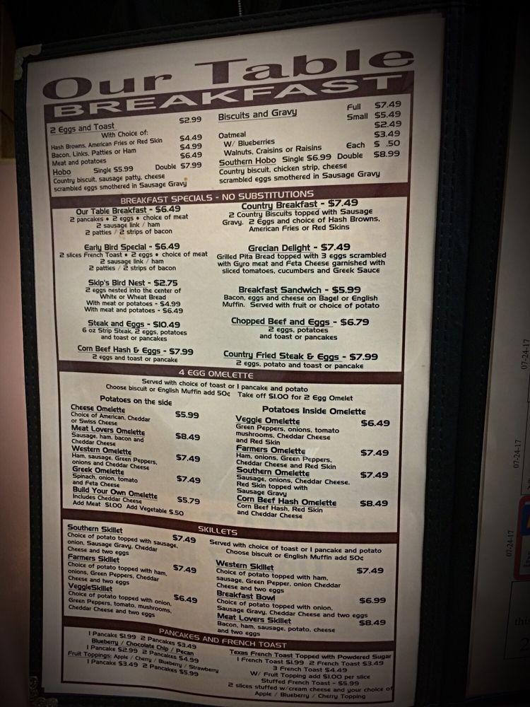Menu at Our Table Family Restaurant, Otsego