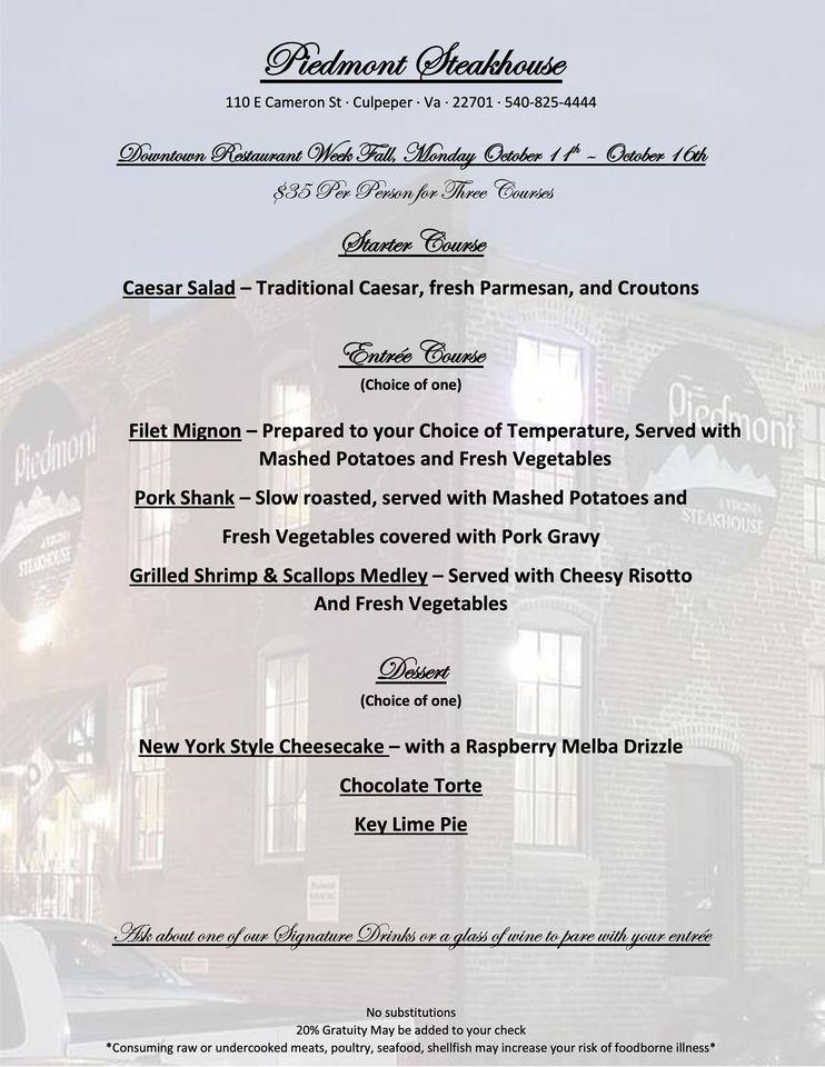 Menu at Piedmont Steakhouse, Culpeper