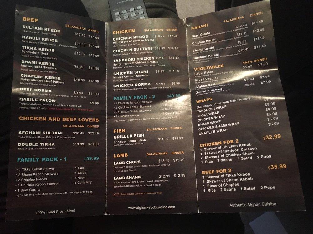 Menu at Afghan Kebob Cuisine restaurant, Toronto, 2298 Islington Ave