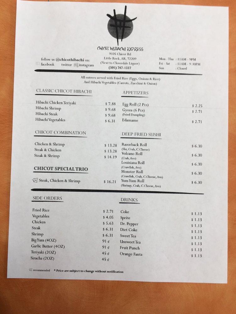 Menu at Chicot Hibachi Express restaurant, Little Rock