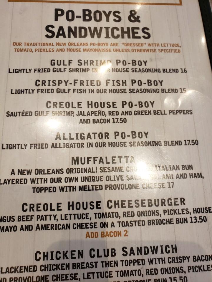 Menu at Creole House Restaurant & Oyster Bar, New Orleans