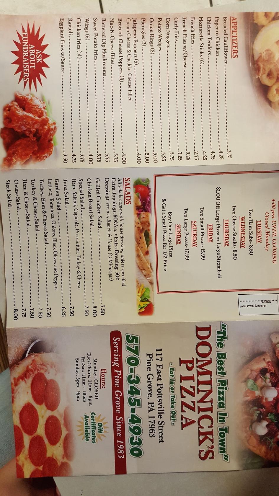 Menu at Dominick's Pizzeria, Pine Grove