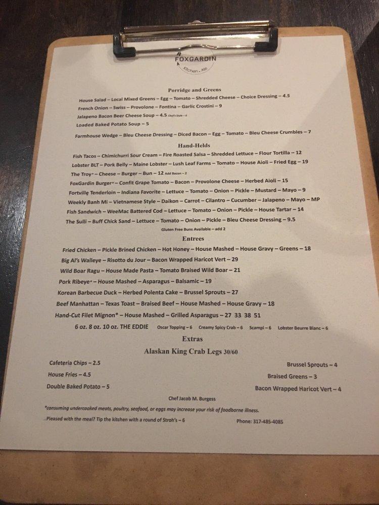 Menu at FoxGardin Kitchen & Ale restaurant, Fortville