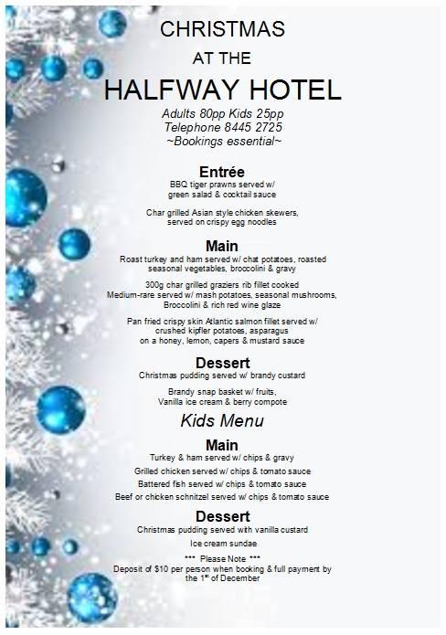 Menu at Halfway Hotel restaurant, Beverley