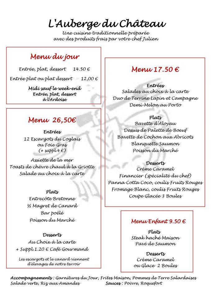 Menu at L'Auberge du Château restaurant, Fougères, 2 Pl. Raoul II