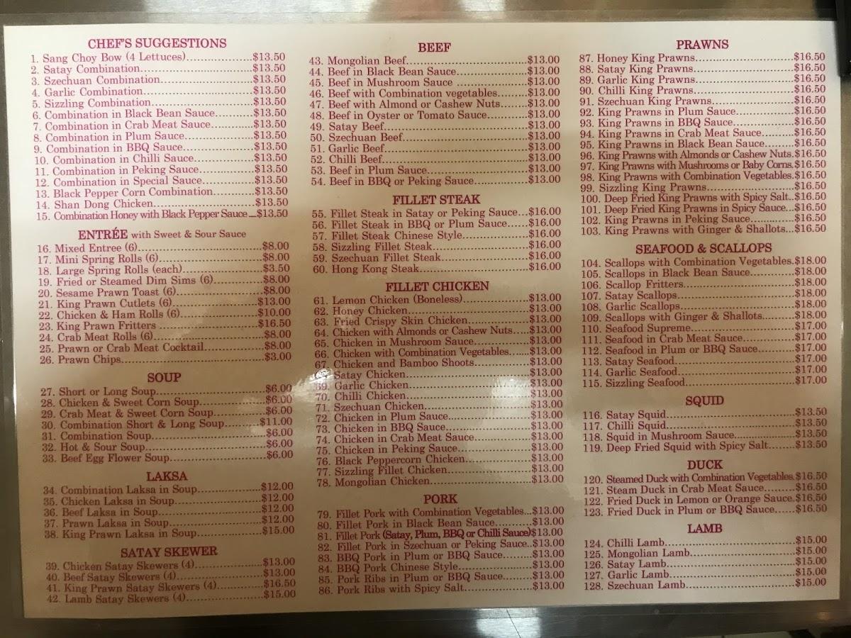 Menu at Moorebank Chinese Take Away Food restaurant, Moorebank