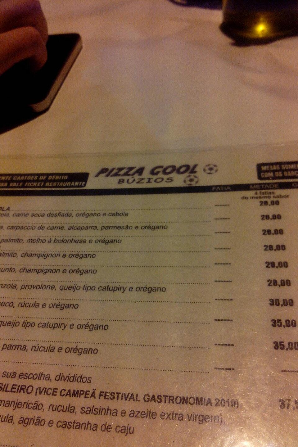 Menu at Pizza Gol pizzeria, Armação dos Búzios