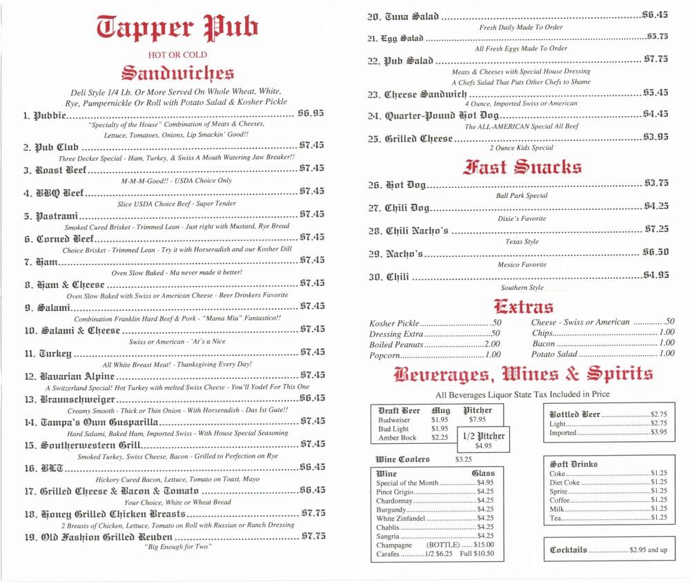 Menu at Tapper Pub, Tampa, Britton Plaza