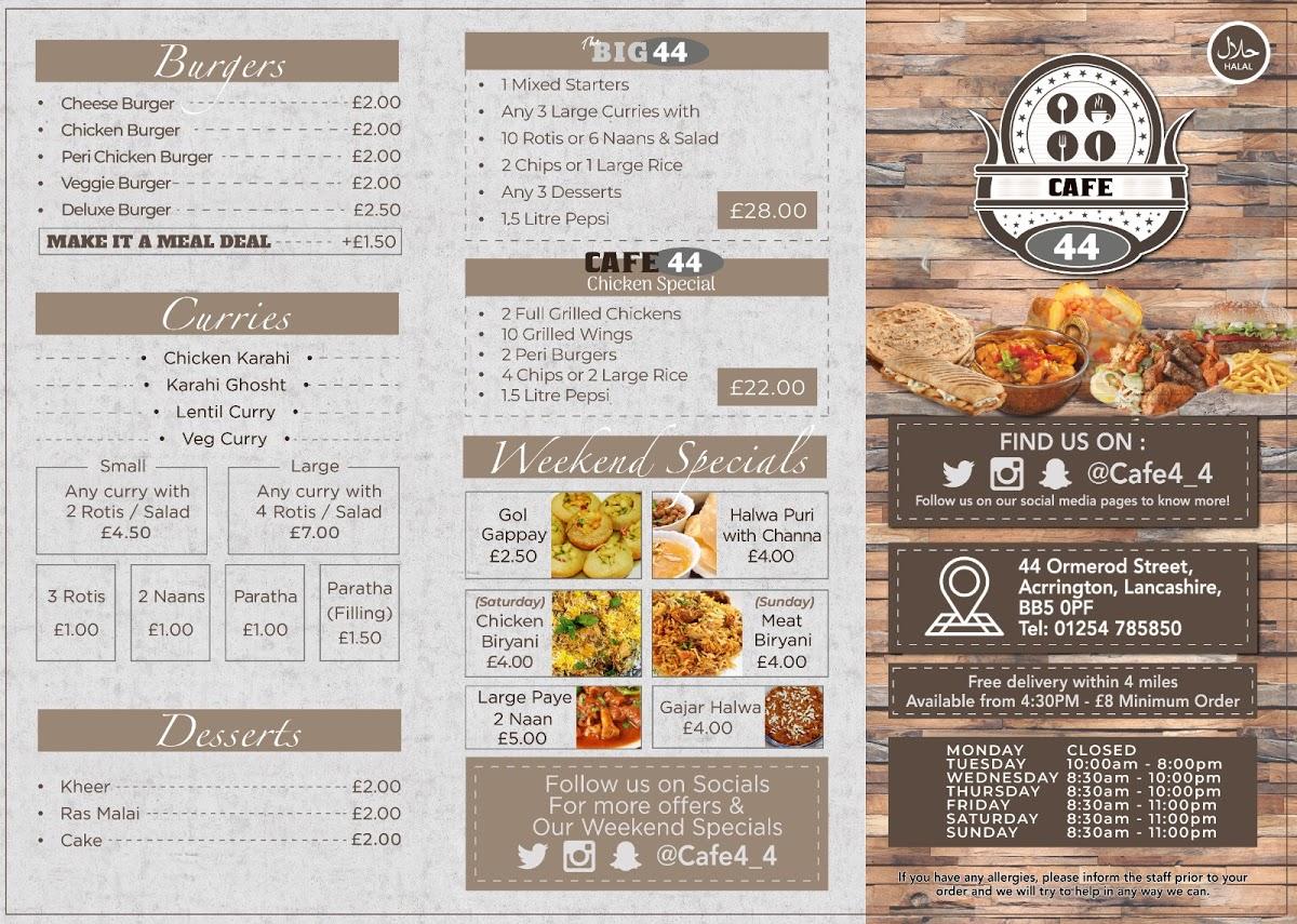Menu at Cafe 44, Accrington, 44 Ormerod St