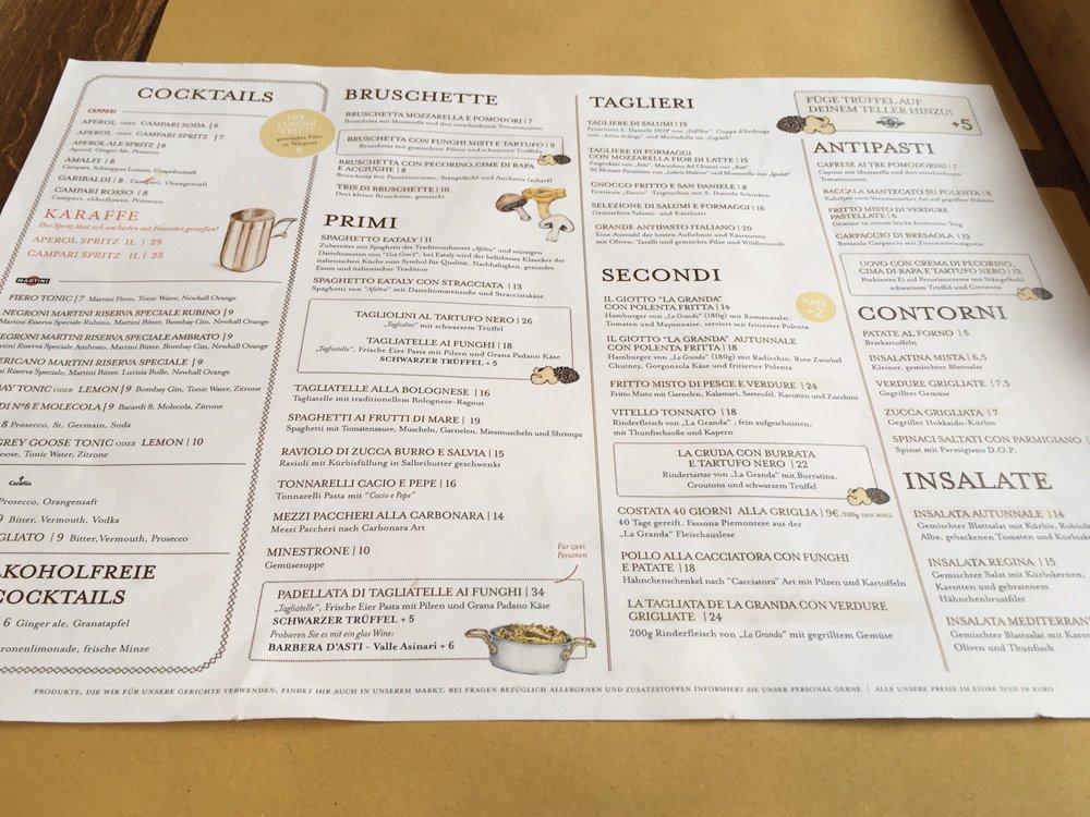 Menu at Eataly Munich restaurant, Munich