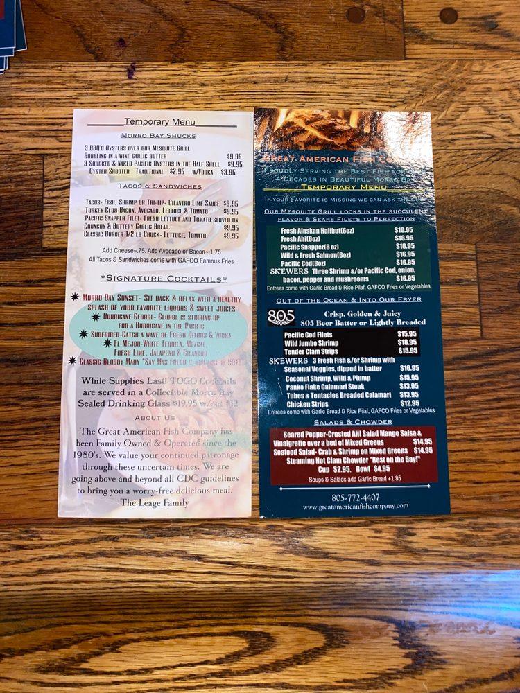 Menu at Great American Fish Company restaurant, Morro Bay