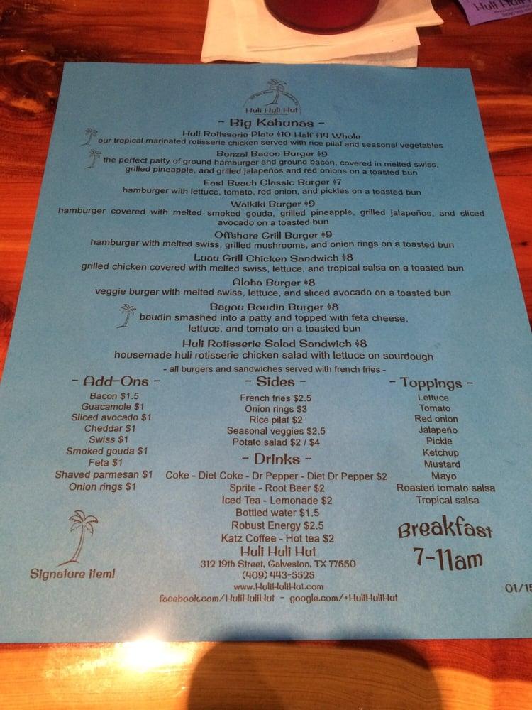 Menu at Huli Huli Hut restaurant, Galveston