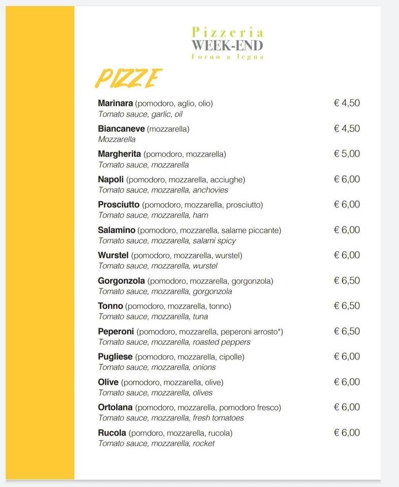Menu at Pizzeria Week-End, Moncalvo
