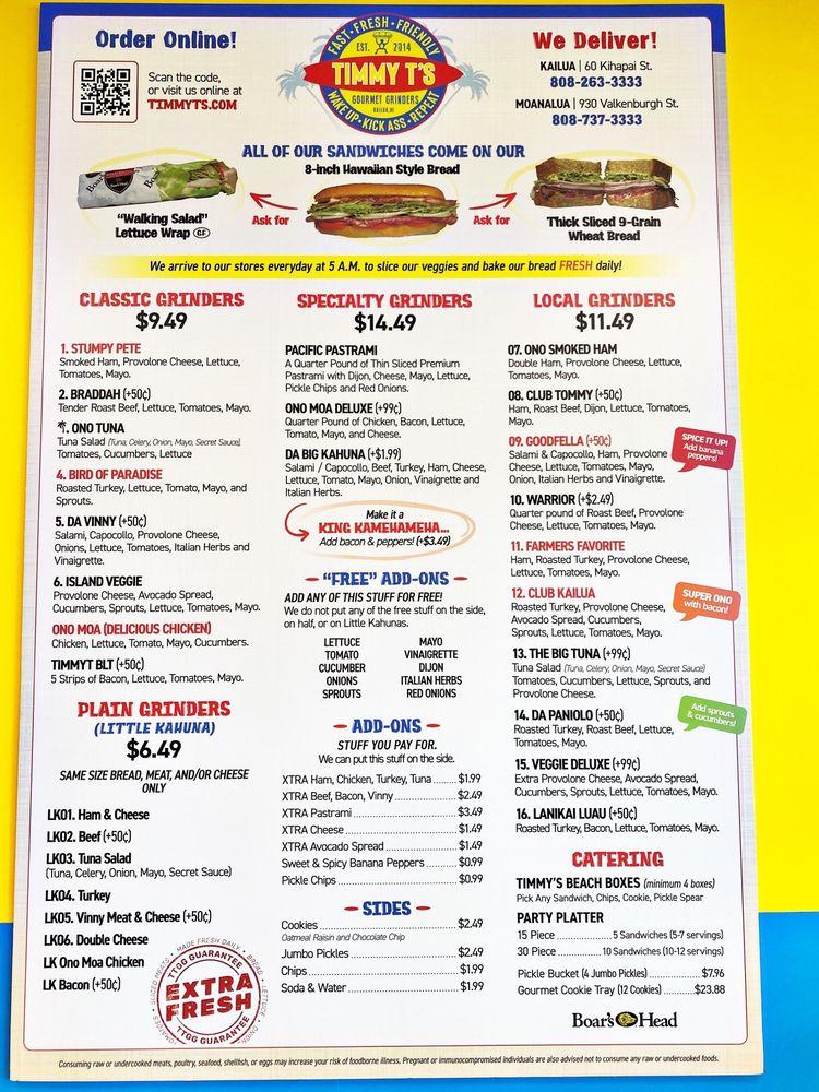 Menu at Timmy T's Gourmet Grinders Sandwich Shop, Honolulu