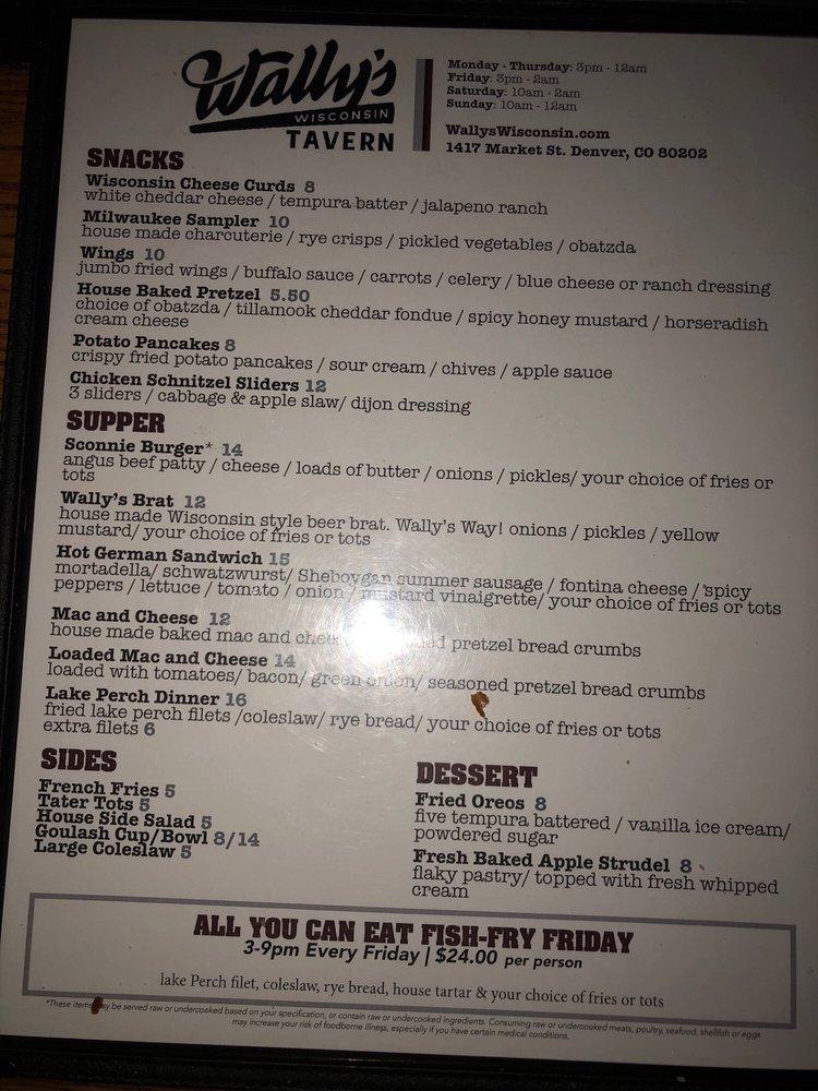 Menu at Wally's Wisconsin Tavern pub & bar, Denver