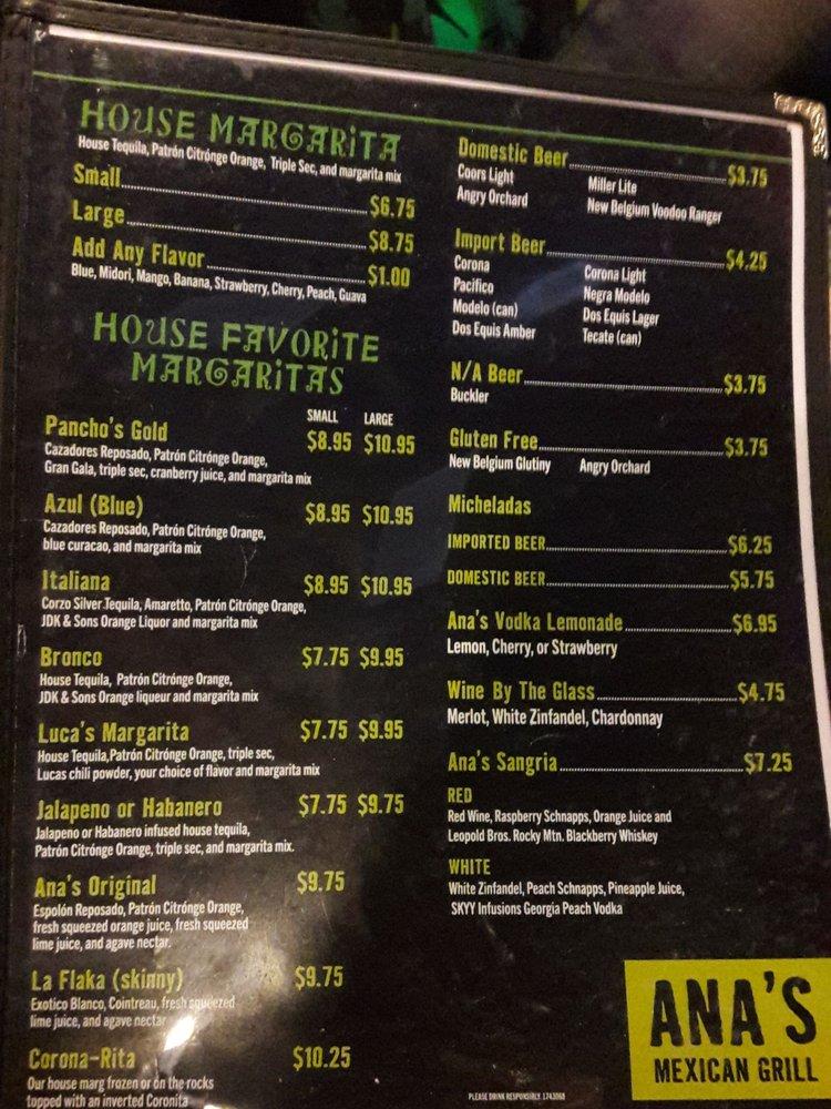 Menu at ANA'S Mexican Grill restaurant, Westminster