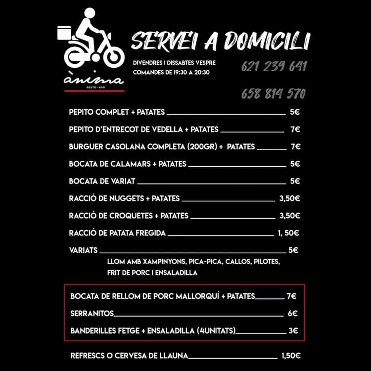Menu at Anima Resto Bar Sa Pobla, Sa Pobla