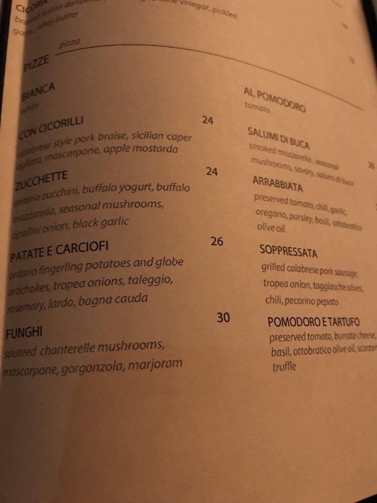 Menu at Buca restaurant, Toronto