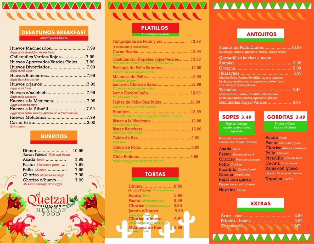 Carta de El Quetzal Restaurant, Chicago, S Ewing Ave