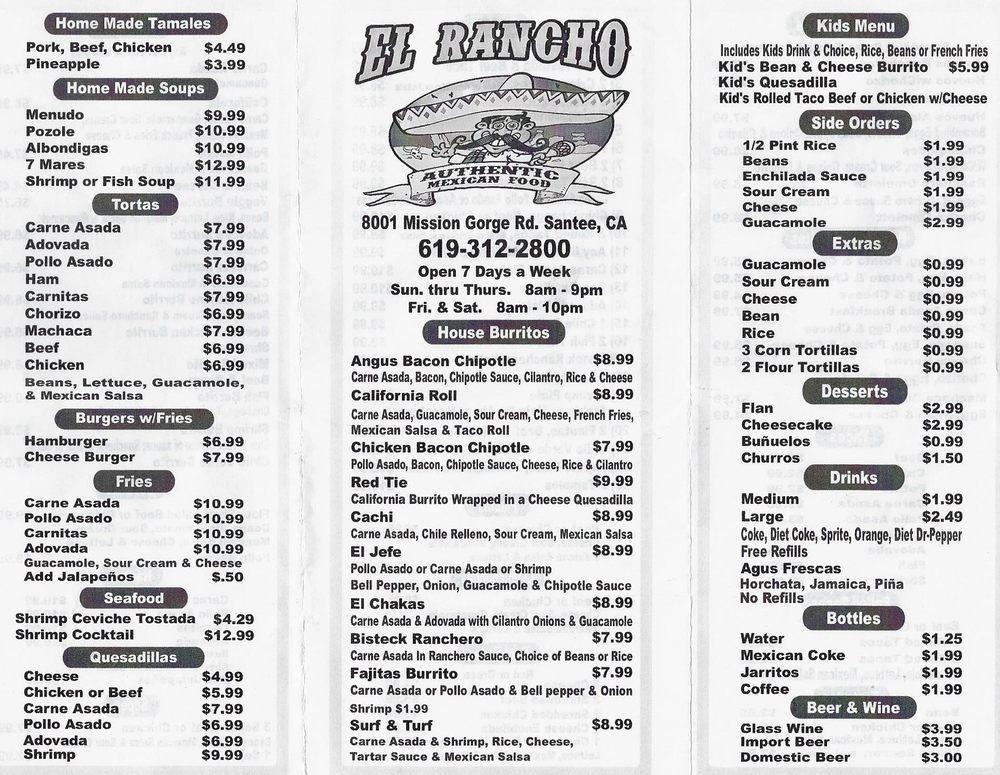 Menu at El Rancho restaurant, Santee