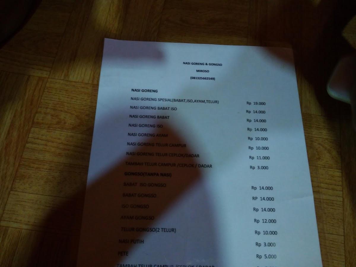 Menu at Nasi Goreng dan Gongso Miroso restaurant, Semarang