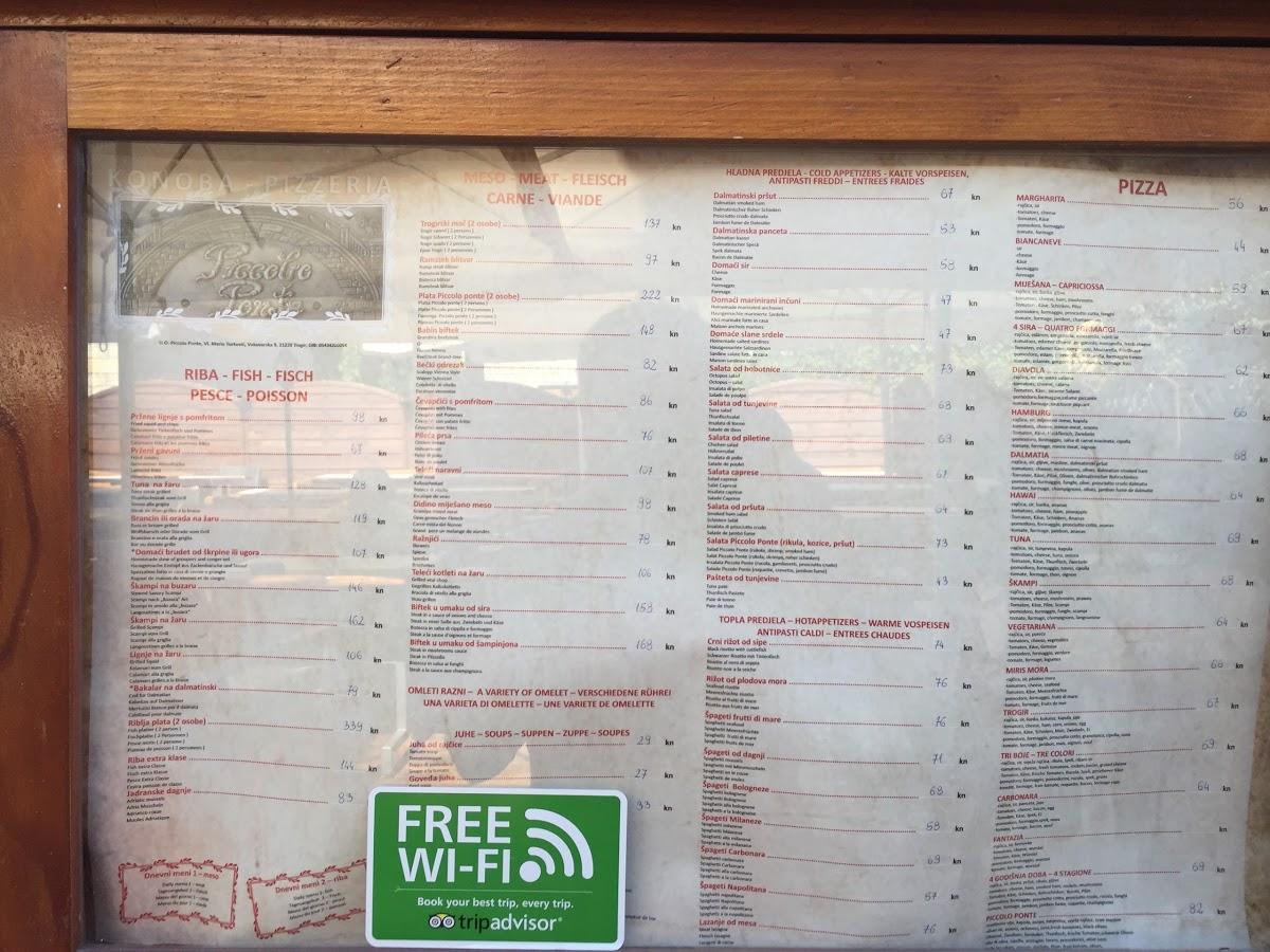 Menu at Piccolo Ponte restaurant, Trogir