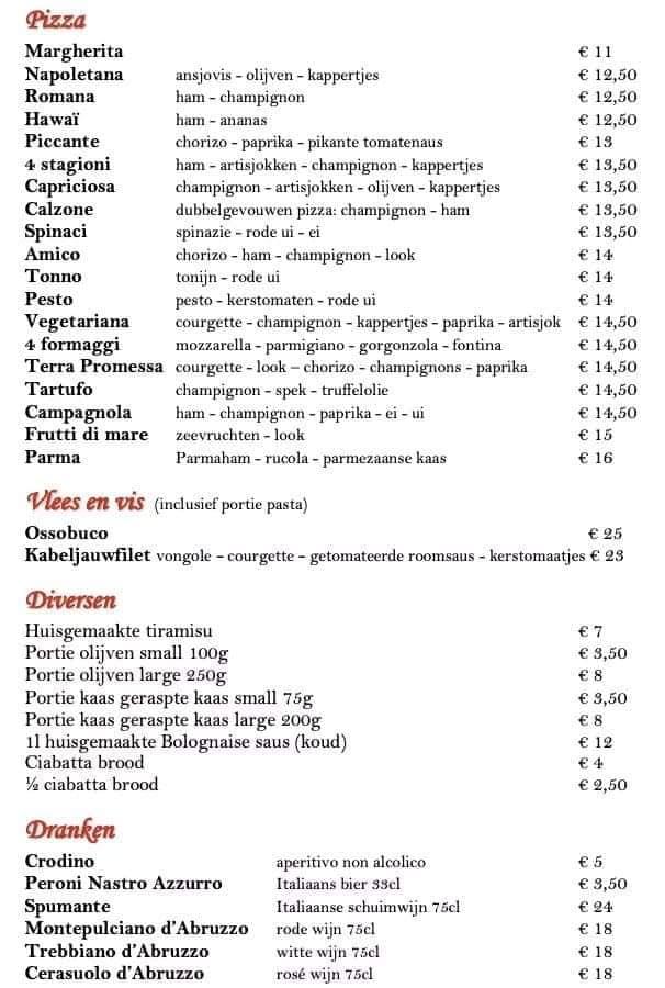 Menu at Terra Promessa, Bruges